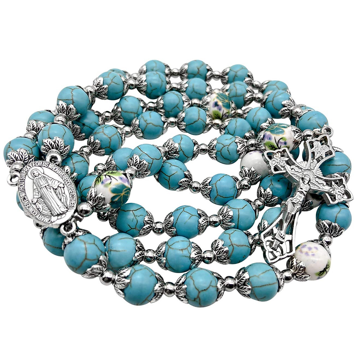 Nazareth Store Catholic Turquoise Marble Beads Rosary Flowers Beaded Necklace Miraculous Medal Cross Crucifix Silver Tone Rosaries in Velvet Bag