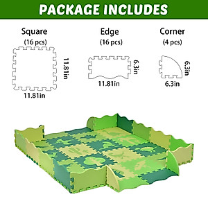 Dino Baby Foam Play Mat, 36 PCS Soft Thick Non-Toxic EVA Interlocking Foam Floor Tiles with Fence, Cute Dinosaur Crawling Puzzle Mat for Toddlers Activity Room Décor