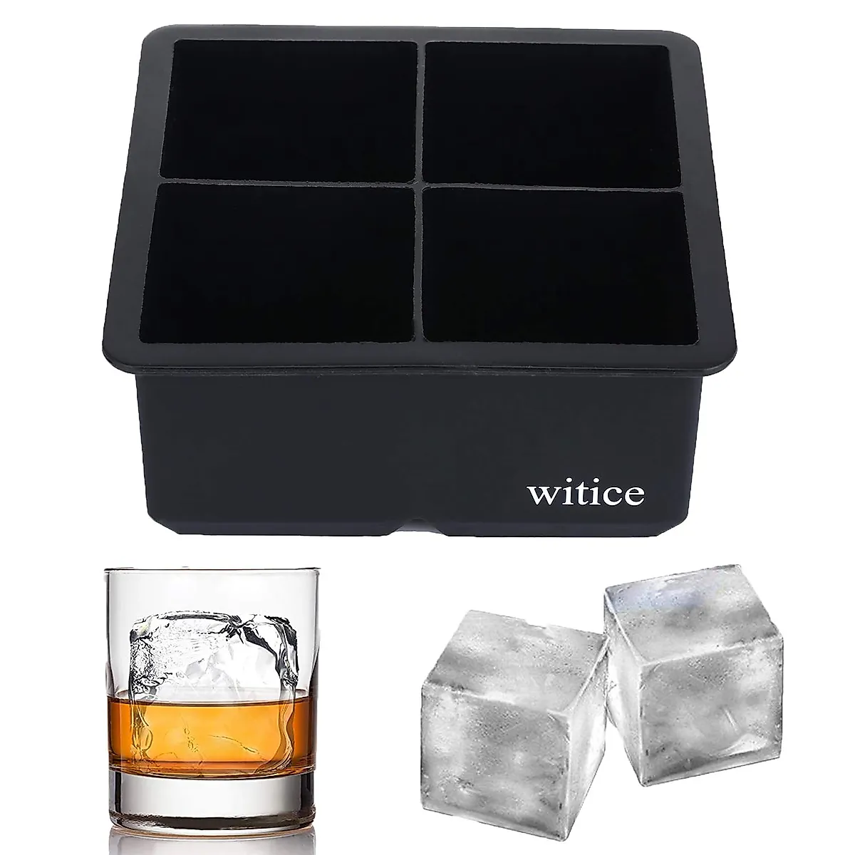 witice Silicone Ice Cube Trays Large for Whisky(2.5-Inches) - Whiskey Ice Cube Mold, With Easy Release Ice Cubes for Whiskey and For Cocktail,Food Grade (Black 1 Tray)