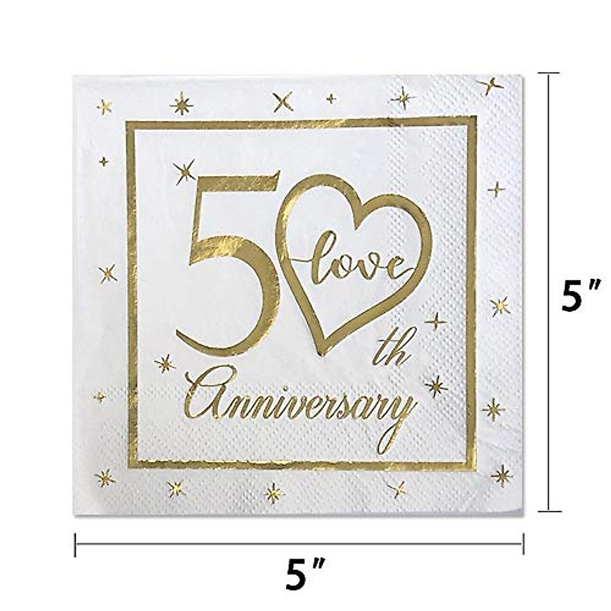 50th Anniversary Cocktail Napkins Gold Foil Print | Golden Wedding Anniversary Celebrations Party Favor Supplies & Decorations | 50-Pack 3-Ply | Folded 5 x 5 Inches Disposable Paper Beverage Napkins