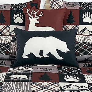 Chezmoi Collection Vista 7-Piece Southwestern Cabin Lodge Comforter Set - Red White Black Gray Grizzly Bear Pinecone Tree Moose Printed Microfiber Bedding, California King