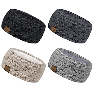 Loritta 4 Pack Womens Winter Headbands Fuzzy Fleece Lined Ear Warmer Cable Knit Thick Warm Crochet Headband Gifts, ZS A Pure Design Black+Beige+Dark Grey+Light Grey