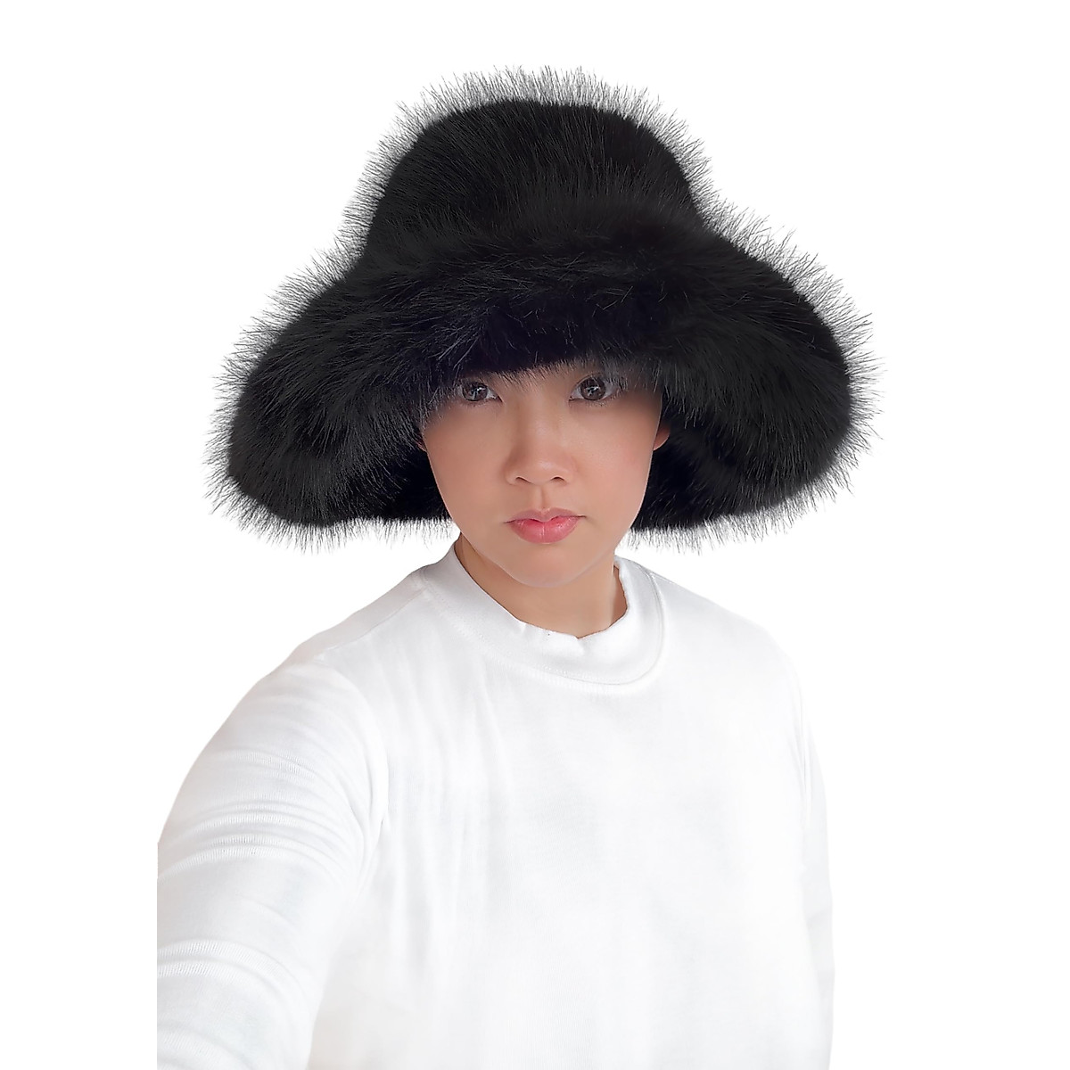 Lina & Lily Oversized Winter Faux Fur Bucket Hat for Women - Long Pile Fur Wide Moldable Brim (Black)