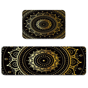 2 Pieces Kitchen Rugs Sets, Golden Mandala Texture Black Non-Slip Hallway Stair Runner Rug Mats Doormat for Floor, Office, Sink, Laundry