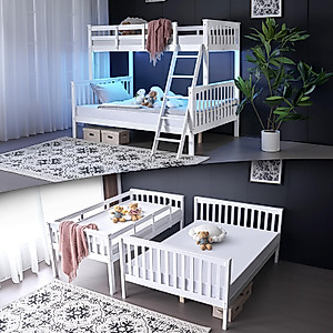 VINGLI Bunk Beds Twin Over Full Size with LED and Charging Station, Convertible Wood bunk beds with Angled Ladder, High Guardrail and Wood Slats, Space-Saving Design for Kids, Teens and Adults, White