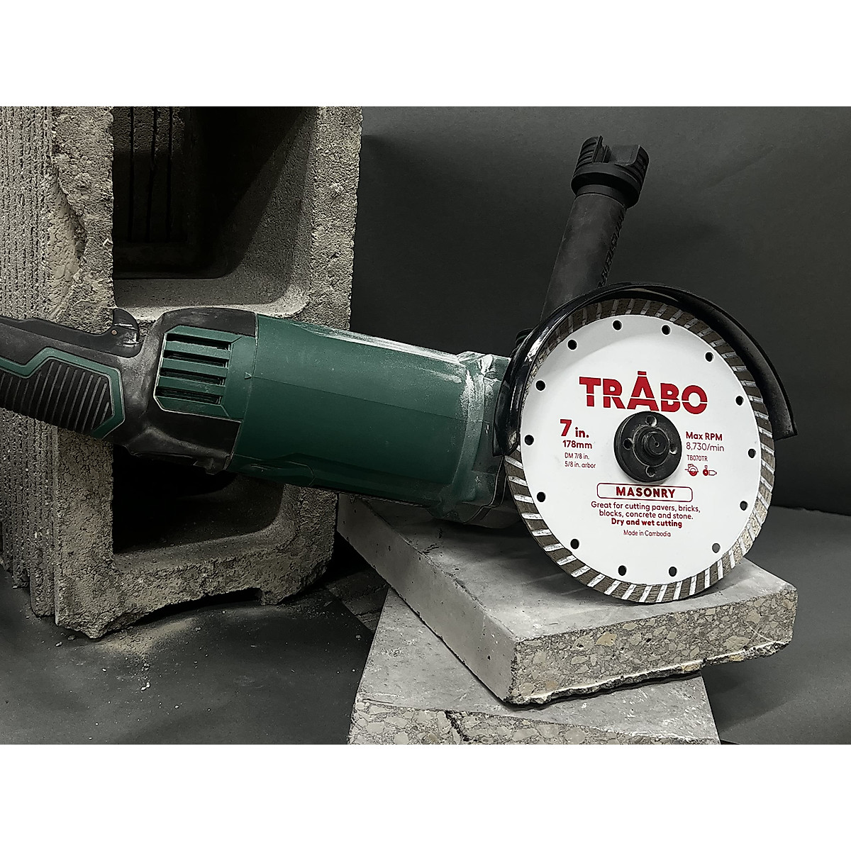 Trabo 7 Inch Masonry Turbo Rim Diamond Metal Bond Blade for Cutting Cement, Pavers, Concrete with Rebar, Natural Stone and More, with 7/8 Inch Arbor with 5/8 Inch Reducer Ring