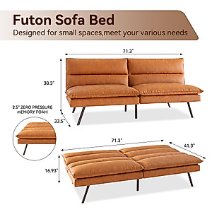 AMICLIBER Futon Sofa Bed, Memory Foam Futon Armless Sleeper Sofa Loveseat Convertible Couch Bed for Small Compact Living Spaces,Apartment,Brown Leather