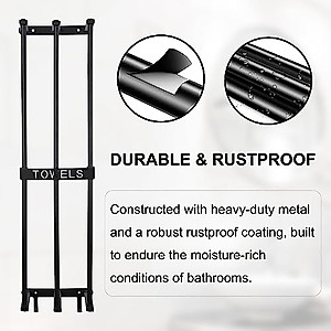 NEWPIC Wall Towel Rack for Rolled Towels, Vertical 3-Bar Adhesive Bathroom Towel Holder with 3 Hooks, Rolled Towel Rack Wall Mounted, Metal Towel Storage for Small Bathroom, Black
