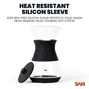 SAKI Pour Over Coffee Maker with Double Layer Stainless Steel Filter, Silicone Lid, Coffee Dripper Brewer, Heat Resistant Borosilicate Pour Over Carafe, 24 Ounce