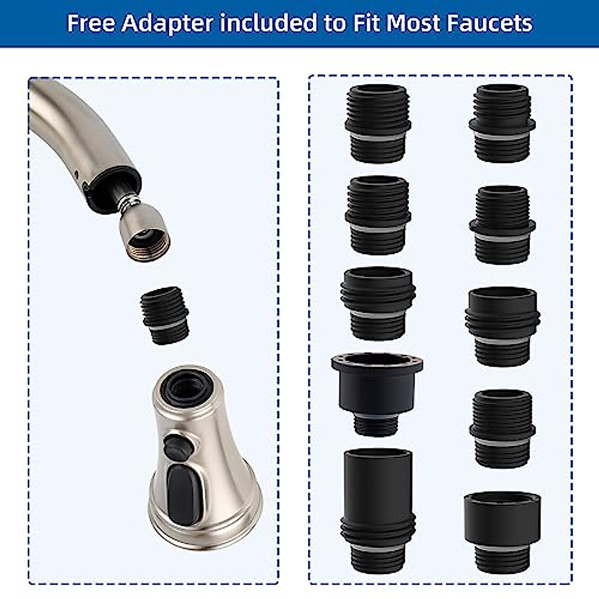 Hibbent Kitchen Faucet Head Replacement, Pull Down Faucet Spray Head, 3 Function Faucet Sprayer Nozzle with 10 Adapters Compatible with Moen, American Standard, Delta, Kohler Faucets, Brushed Nickel