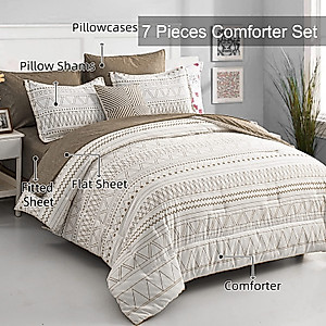 WONGS BEDDING 7 Pieces Brown Comforter Set Full Size,Boho Bed in a Bag Geometric Stripe Comforter Reversible Soft Microfiber Bedding Set with Pillowcases & Shams,Flat Sheet,Fitted Sheet