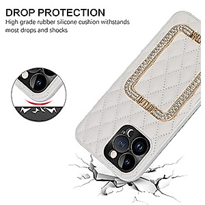 HALATUA Luxury iPhone 13 Pro Max Case with Glitter Diamond Stand, Soft Quilted Leather Design for Women & Girls 6.7" (White)