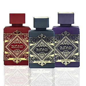 Lattafa Perfumes Bade'e Al Oud for Unisex 3 Piece Eau de Parfum Gift Set (Oud For Glory + Amethyst + Sublime) 3.4 Ounce/100 ml each