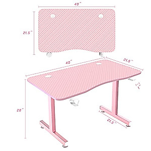 Vitesse Pink 40 Inch Cute Kawaii Computer Gaming Table T Shaped Girl Gamer Workstation Home Office Desk with Carbon Fiber Surface and Headphone Hook
