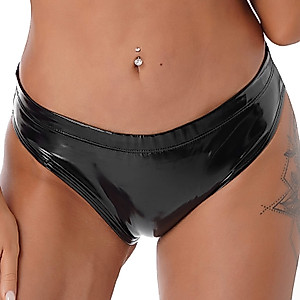 ACSUSS Women Shiny Sexy Shorts Pole Dance Club Shorts Rave Booty Shorts Latex High Cut Bottoms Black Large