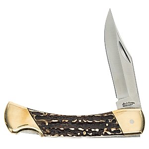 Uncle Henry Next Gen Staglon LB8 Bear Paw 8.7in Folding Knife with 3.7in Stainless Steel Clip-Point Blade, Brass Bolsters, and a Staglon Handle for Hunting, Camping, EDC, and Outdoors