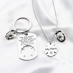 FUSTMW Firefighter Gift Keychain Necklace Matching Set Fireman Jewelry Gift for Firefighter Wife, Girlfriend, Mom, Daughter May God Protect You from Harm (silver)