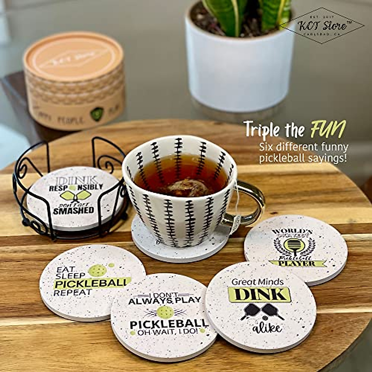 KCT Store Pickleball Gifts for Women and Men - Appreciation Gifts - Absorbent Ceramic Coasters 6pc - Metal Holder & Cylinder Kraft Gift Box Included