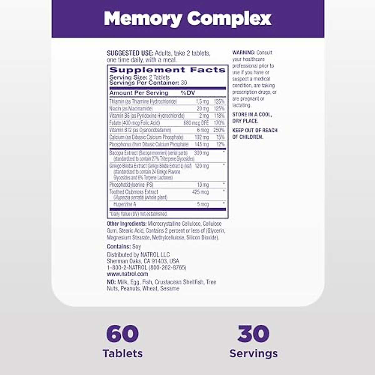 Natrol Memory Complex With Ginkgo Biloba 120mg and B Vitamins, Dietary Supplement for Brain Health and Memory Support, 60 Tablets, 30 Day Supply