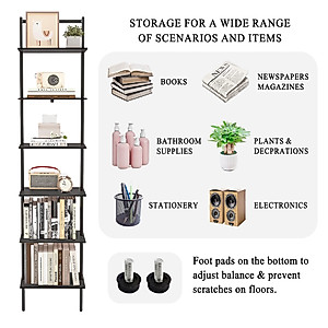 POBOMULI 6-Tier Ladder Shelf, 77 Inches Wall Mounted Ladder Bookshelf with Metal Frame, Wood Tall Open Storage Rack and Display Shelves for Home Office Bedroom Living Room, Black