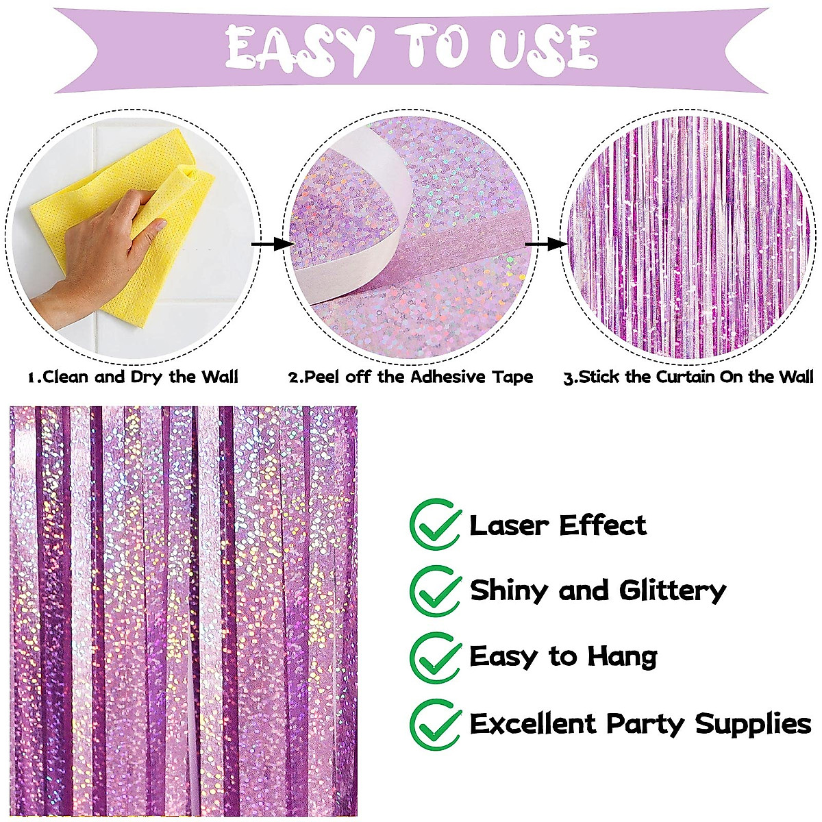 Light Purple Fringe Curtain Backdrop, 2 Pack Tinsel Foil Fringe Curtains Party Decorations Streamers, Xmas Light Purple Metallic Glitter Backdrop for Birthday Wedding Bridal Shower Photo Booth