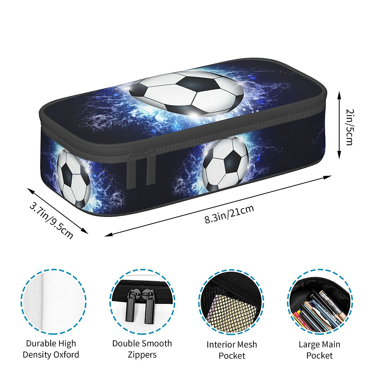 SNAPMADE Soccer Ball Pencil Box Sports Pencil Case for Boys Men, Large Capacity Durable Blue Black Pencil Pouch Storage Pen Bag Stationary Case with Double Zippers