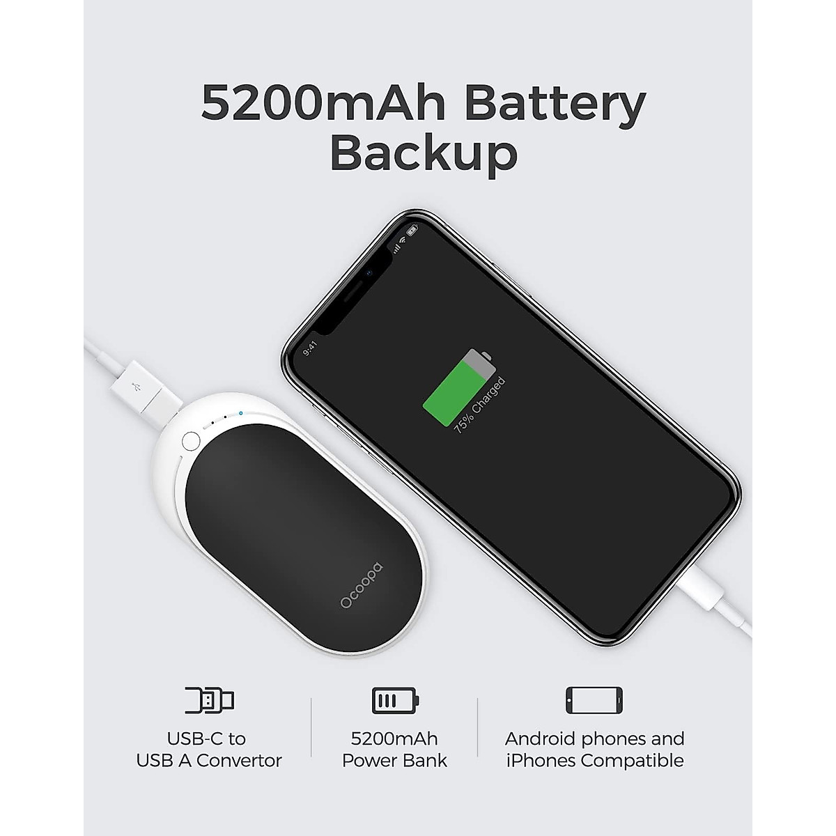 OCOOPA HotPal Rechargeable Hand Warmer, [USA Today Best Gifts 2022] 5200mAh Electric Handwarmer,Portable Pocket Heater, Heat Therapy Great for Raynauds, Hunting, Golf, Camping, Women Mens Gifts