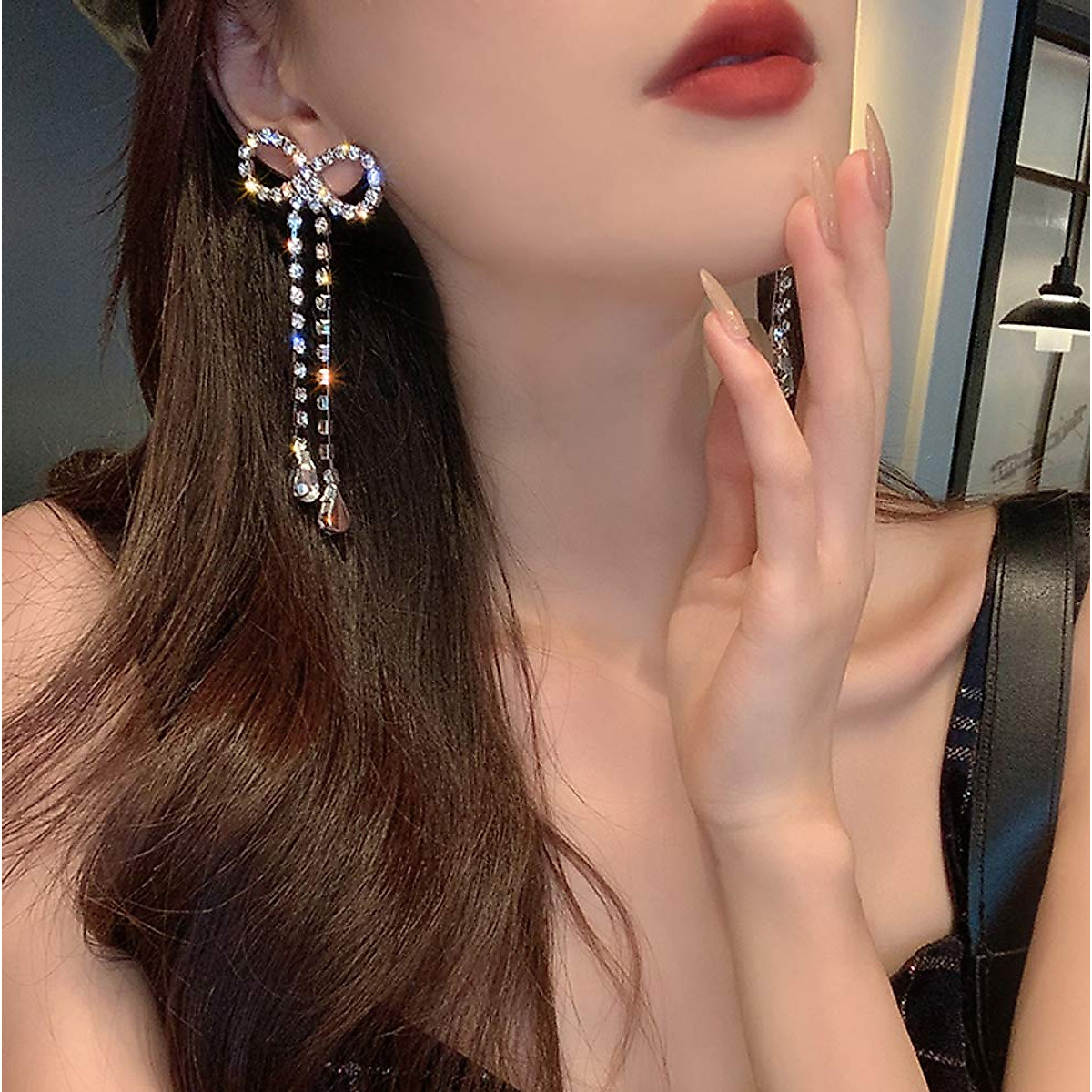 Missgrace Women Bohemian Dainty Dangle Bowknot Tassels Statement Earrings Trendy Unique Full Rhinestones Shiny Bar Disco Earrings Set Jewelry for Women (Pattern 6)