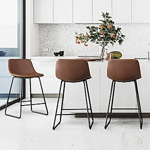 LUE BONA Bar Stools Set of 3, 24" ALX Faux Leather Barstools, Modern Counter Height Stools with Back and Metal Legs, Armless Counter Chairs for Kitchen Island, Brown