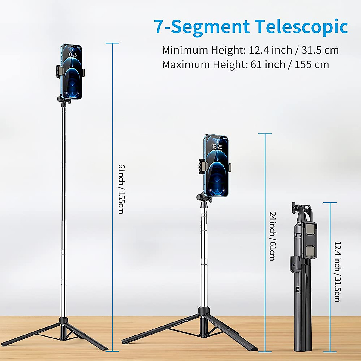 K&F Concept 61'' Bluetooth Selfie Stick Tripod, Extendable Selfie Stick with Wireless Remote & Mini Tripod Stand, Stainless Steel 360° Rotation Phone Holder for iPhone Samsung Android