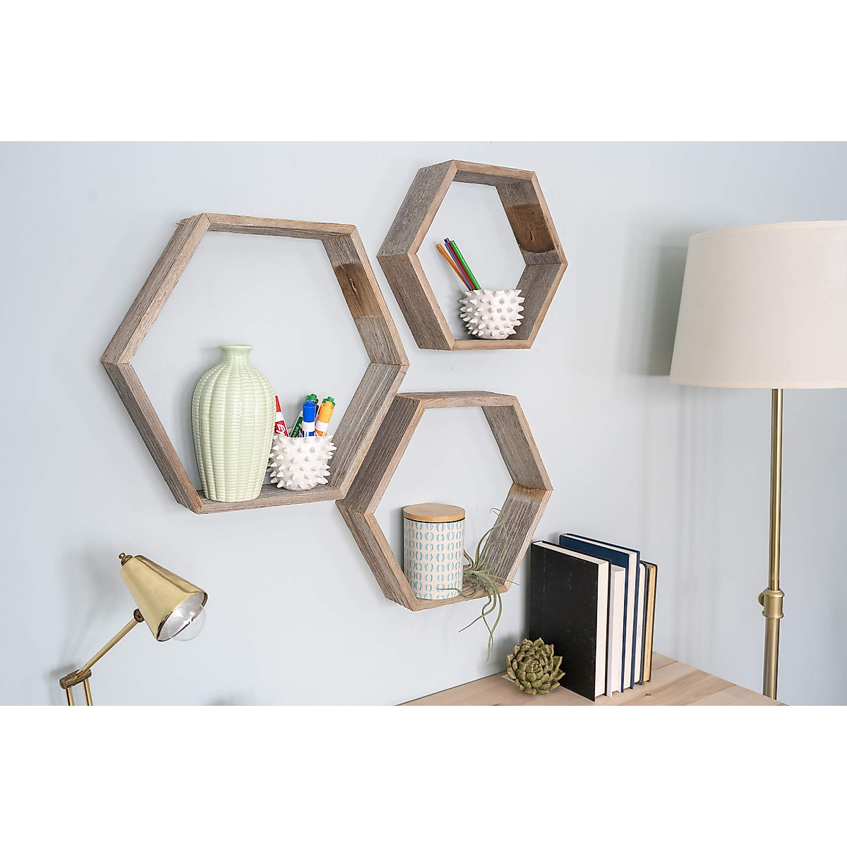 BarnwoodUSA Hexagon Floating Shelves Set of 3 | Rustic Farmhouse Reclaimed Wood Honeycomb Shelves | Wall Hanging Octagon Shelves | Naturally Weathered Gray