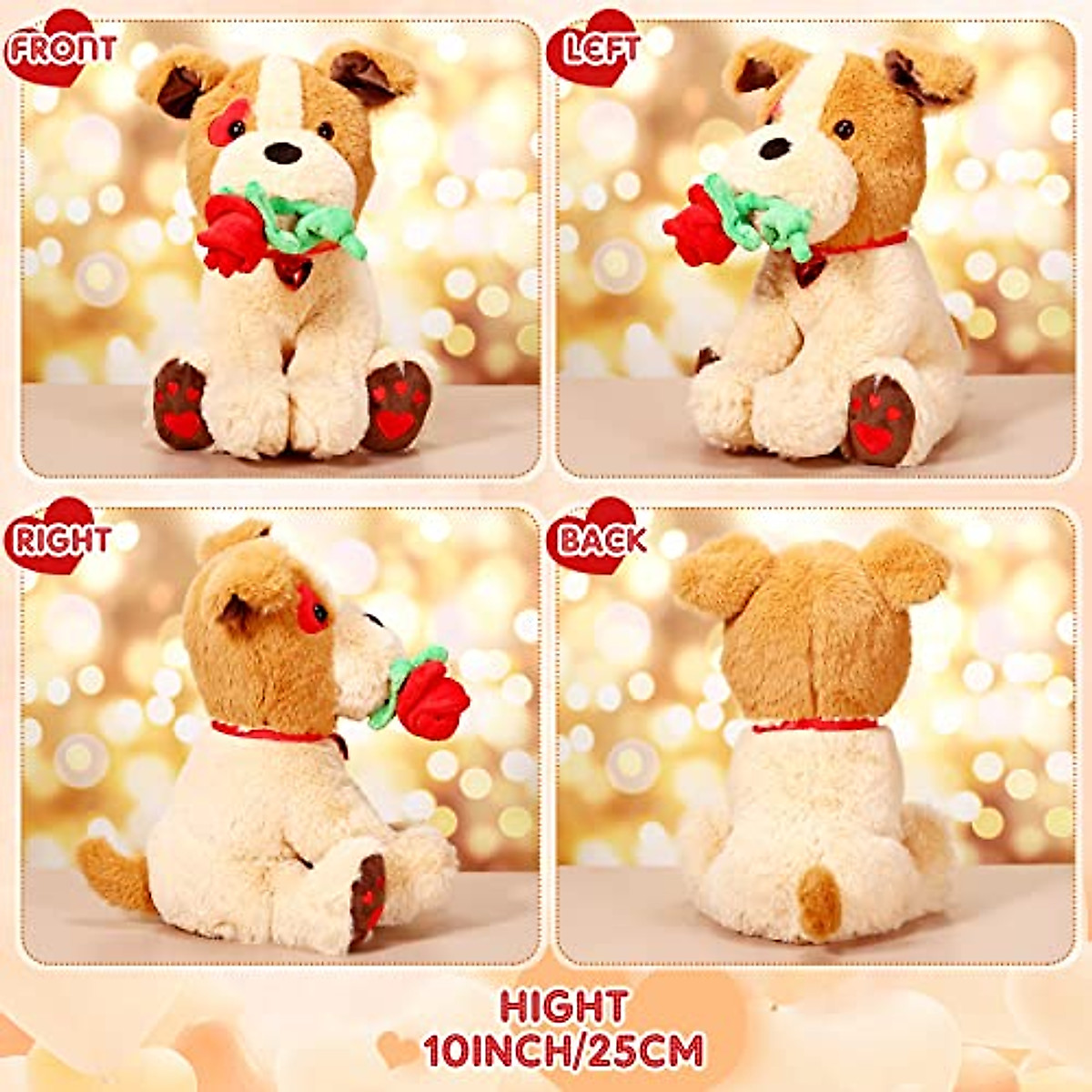 Chalyna 10 Inches Dog Plush Toy with Rose Valentine's Day Stuffed Animal with Heart Rose for Girlfriend, for Valentines Party Favor Mother's Day Birthday Festival Occasion