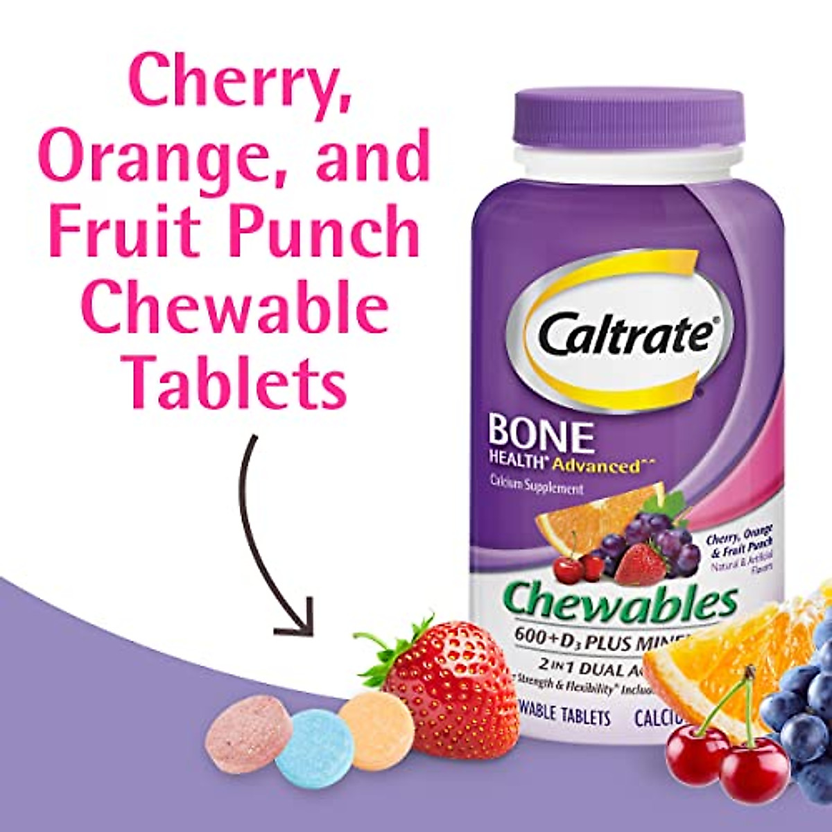 Caltrate Chewables 600 Plus D3 Plus Minerals Calcium Vitamin D Supplement, Cherry, Orange and Fruit Punch - 155 Count (Pack of 1) (Package May Vary)