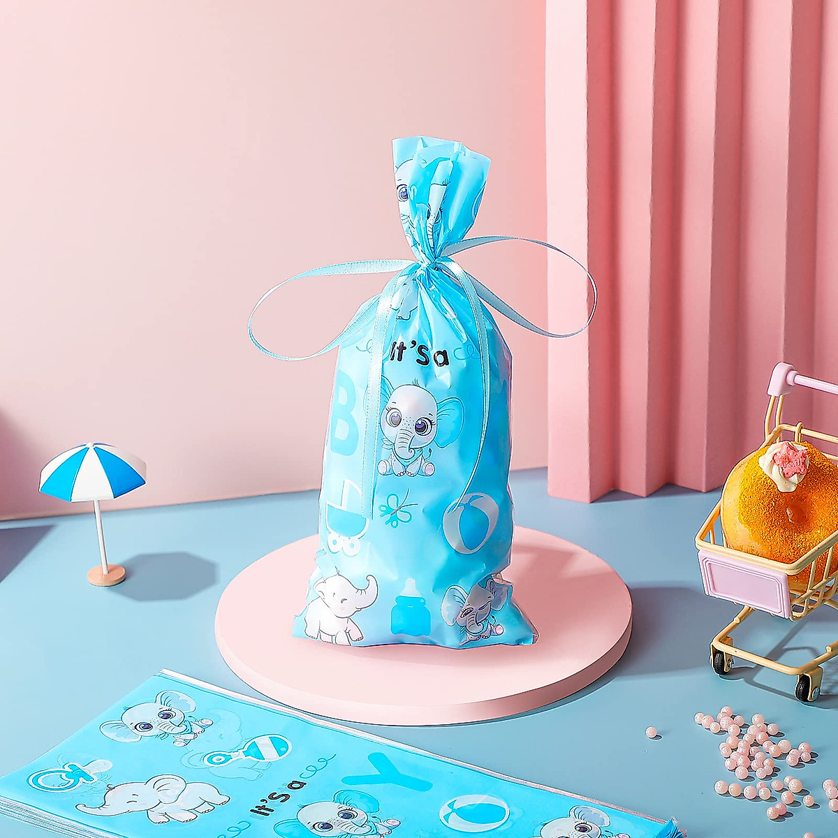Outus 100 Pieces Elephant Cellophane Bags Cute Elephant Treat Bags with a Roll of Ribbon for Chocolate Candy Snacks Cookies Baby Shower Elephant Themed Party Supplies, It's a Boy