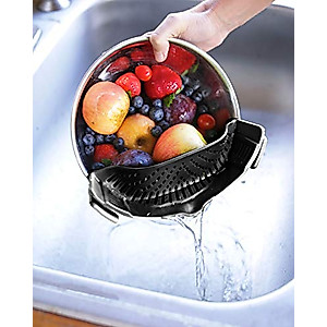 Clip On Kitchen Food Strainer for Spaghetti, Meat, Pasta, & Ground Beef Grease, Colander & Sieve Snaps or Clips Onto Bowls, Pots & Pans Includes Silicone Drainer, Brush & Garlic Peeler (Black)