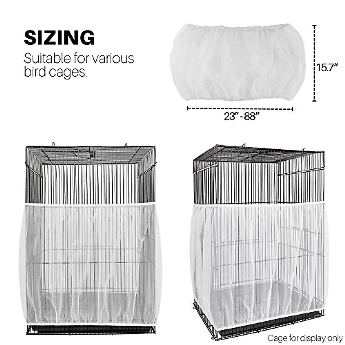 Tierecare Bird Cage Seed Catcher Stretchy Birdcage Skirt Reduce Mess Reusable Mesh Netting Accessories Cage Cover for Parakeet Round Square Cage - White