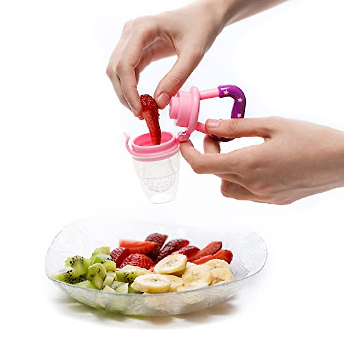 Baby Fruit Feeder Pacifier - 3 Pack | 2 Frozen Fruit Teething Pacifier & 1 Baby Food Spoon Feeder | Baby Silicone Feeder Pacifier | Teething Feeder, Baby Food Feeder Fruit Pacifier (Pink)