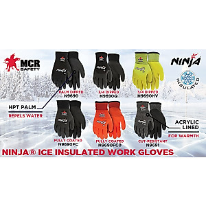 MCR Safety Gloves N9690FCM Ninja ICE Insulated Work Gloves 15 Gauge Black Nylon with Acrylic Terry Interior, HPT Coated, Medium, 1 Pair