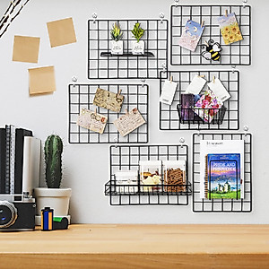 6 Pack 16 x 12 Inch Black Wall Grid Wire Panel with Accessories 1 Black Hanging Wire Basket, 1 Shelf, 1 Hook Rack, 2 Letter Sorter Shelf, 20 Clips, 12 Non Trace Nail, 2 Hemp Rope, Photo Home Decor