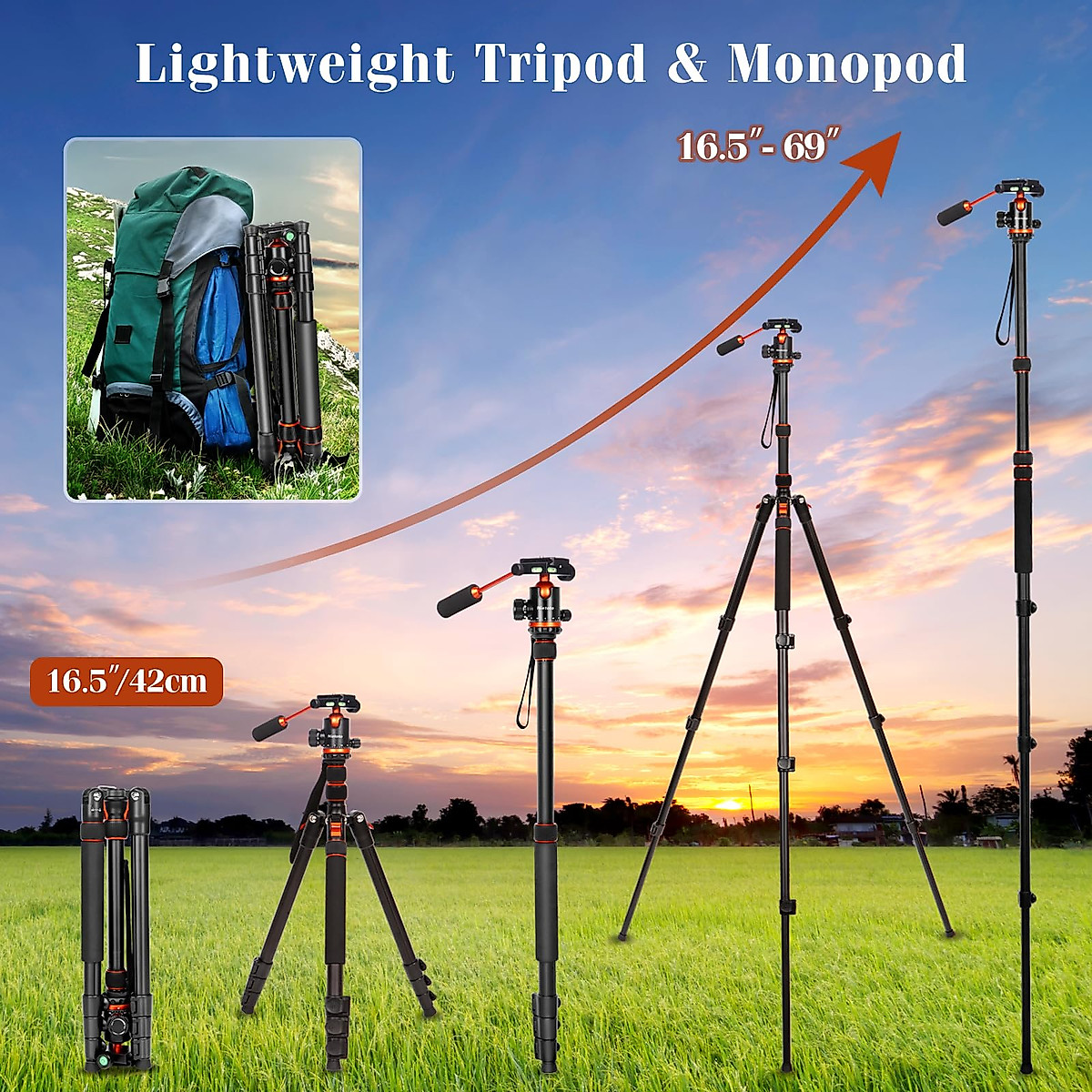 2 in1 Lightweight Video Camera Tripods • 68" Tripod for Camera and Camcorder • 360° Ball Head Tripod with Removable Handle • Extra 1/4" QR Plate and Phone Holder • Compatible with Canon Nikon Sony