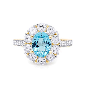 GEMVIO Collection 3 1/2 CT Cluster Halo Design, 6X8MM Oval Blue Topaz & Cubic Zirconia Ring 14k Yellow Gold Over Sterling Silver Engagement Wedding Promise Ring For Womens (3.50Cttw) Ring Size-7.5