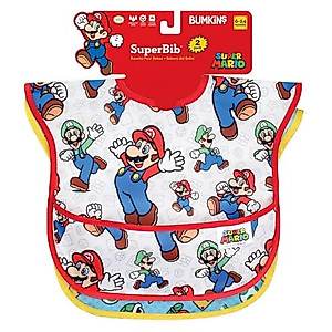 Bumkins Nintendo Bibs for Girl or Boy, SuperBib Baby and Toddler for 6-24 Months, Essential Must Have for Eating, Feeding, Baby Led Weaning, Mess Saving Waterproof Soft Fabric, 2-pk Super Mario