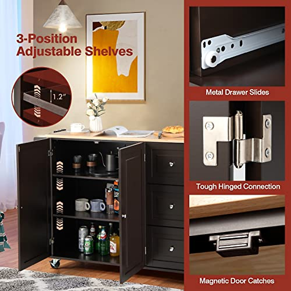 GOFLAME Kitchen Island Cart with Drop Leaf, Rolling Kitchen Cart on Wheels with Rubber Wood Top, 3 Drawers, Towel & Spice Rack, 2-Door Cabinet, Serving Trolley Cart for Kitchen Dining Room (Brown)