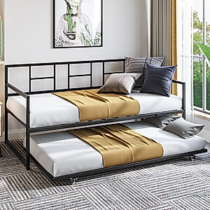 YITAHOME Twin Daybed with Pull Out Trundle/Steel Slat Support/Space Saving Adjustable Height Sofa Bed Couch and Multi-Functional Furniture for Living Room and Guest Room, Black