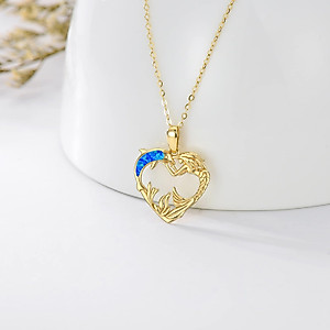 YDD 14K Solid Gold Mermaid Necklace for Women Dolphin Opal Necklace Heart Pendant Necklace Ocean Necklace 16''-18''