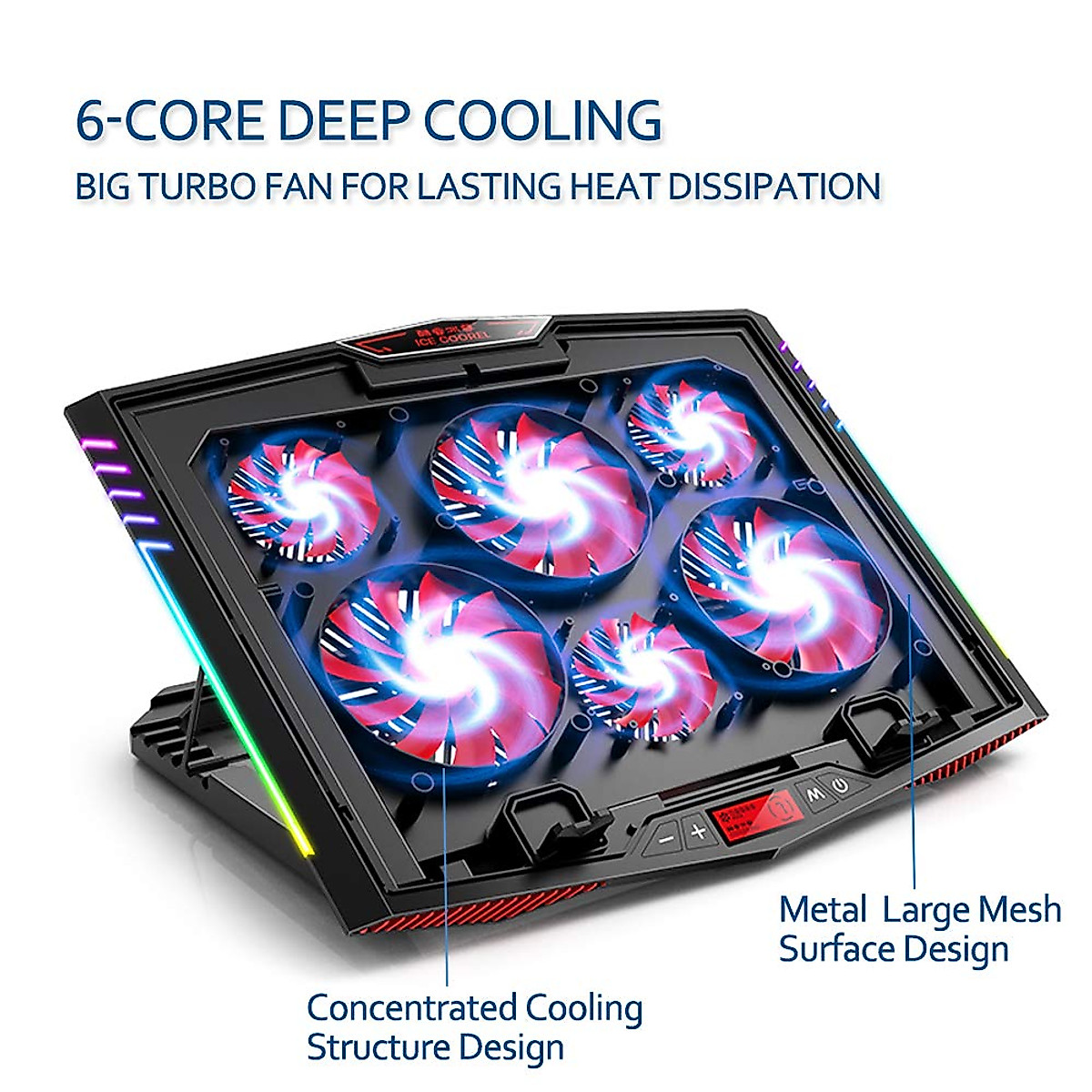 MeFee RGB Laptop Cooling Pad for 15.6-21 Inch Professional Gaming Laptop Cooler with 6 Quiet Fans and Button Control, Pure Metal Panel Portable Cooler