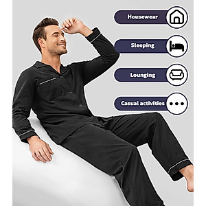 DAVID ARCHY Mens Pajamas Set Soft Cotton Notched Collar Pajamas for Men Long Sleeve Mens Sleepwear with Pockets & Front Fly (M, Black)