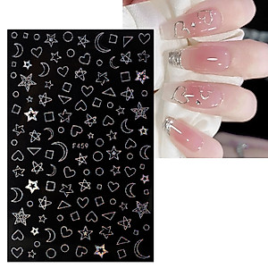 JMEOWIO 9 Sheets Moon Star Nail Art Stickers Decals Self-Adhesive Pegatinas Uñas Gold Silver Black Nail Supplies Nail Art Design Decoration Accessories