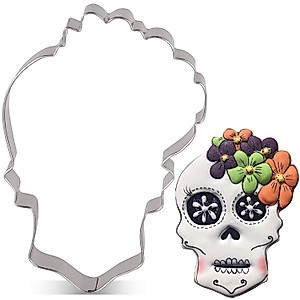 LILIAO Halloween Skull with Flowers Cookie Cutter - 3.4 x 4.6 inches - Stainless Steel - by Janka