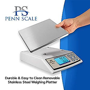 Penn Scale PS-20 Digital Kitchen Portion Scale - 20lb Electric Kitchen Scale with 0.01lb Readability - Removable Platter & LCD Display - KG, Lb, & Oz Unit Conversion (AC & Battery Powered)